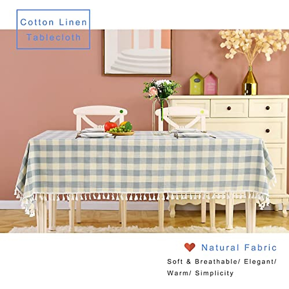 Kaysun Checkered Tablecloths for Rectangle Tables, Classic Buffalo Table Cloth 55''x70'' Light Grey Blue, Cotton Linen Table Cover for Thanksgiving Kitchen Holiday Outdoor Picnic Decoration