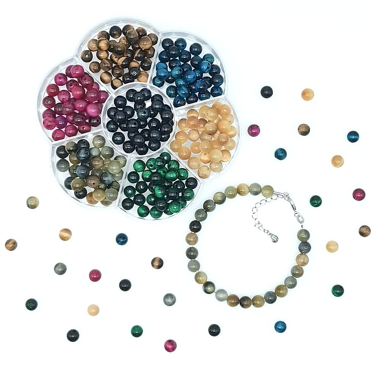 6mm Natural Round Stone Beads About 210pcs Tiger Eye Genuine Real Healing Crystal Stones Beading Loose Gemstone DIY for Bracelet Jewelry Making Kit(7 Color-H)