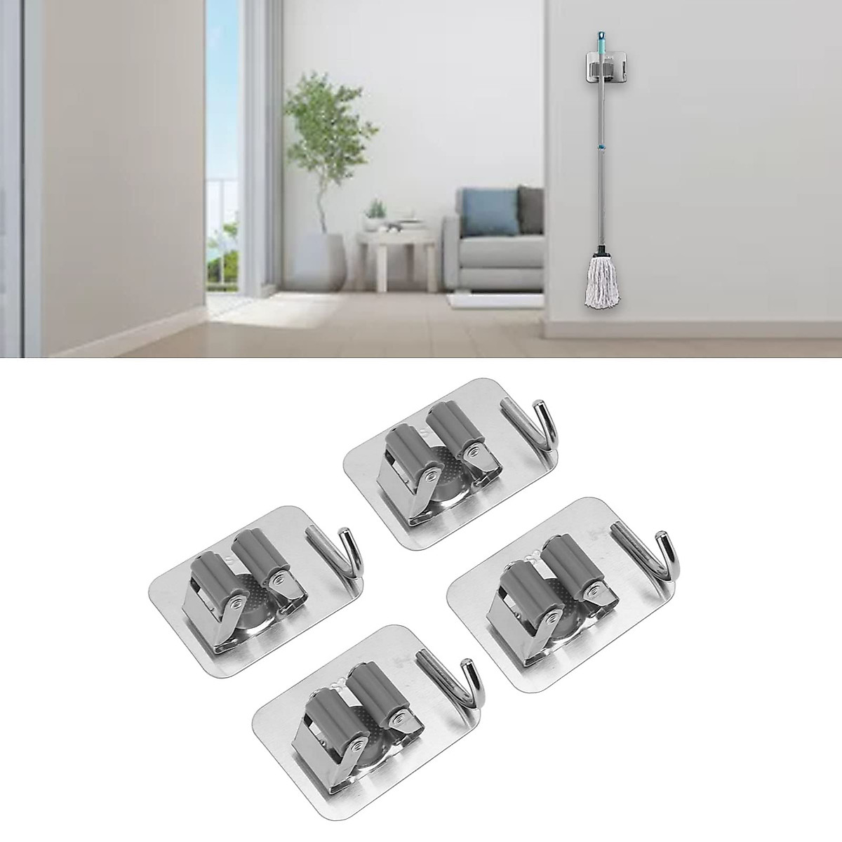 Fdit Mop Broom Holder, Stainless Steel Mop Holder Organizer, Self Adhesive Wall Mounted Mop Organizer Storage Rack Clip, Utility Hook Organizer Tool for Laundry Bathroom Kitchen Garage