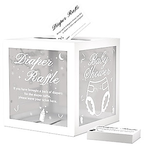 WNINK 50 Pcs Diaper Raffle Tickets with Box for Baby Shower, Diaper Raffle Card Gender Reveal Diaper Raffle Card Box for Baby Shower Games Diaper Raffle Box Party Decorations Table Centerpiece (White)