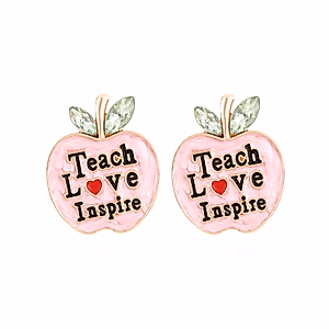 Shining Rhinestone Teacher Earrings Faux Pearl Bead ABC Letter Dangle Earring Enamel Apple Book Pencil Stud Statement Fun Back To School Graduation Jewelry Teacher Appreciation Gifts-D apple