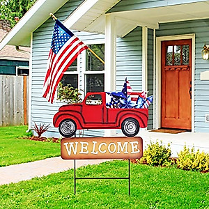 Whaline 4th of July Metal Yard Stakes Patriotic Yard Sign Spring Welcome Garden Stake Interchangeable Red Truck Garden Decor Set with Seasonal Sign Loads for Spring Fall Halloween Christmas, Set of 9