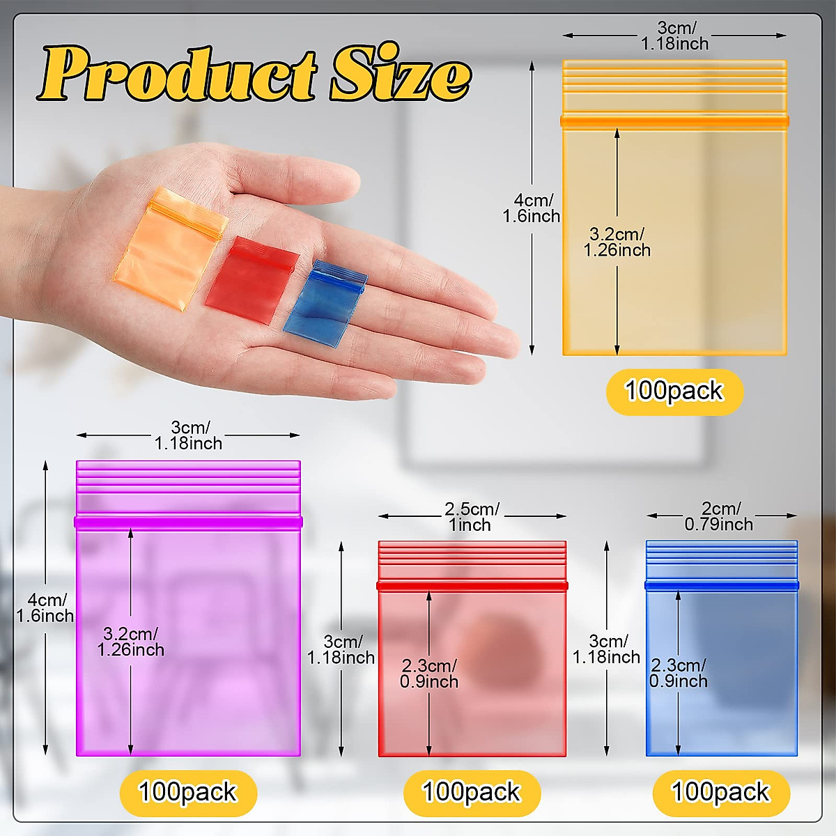 400 Pcs Small Plastic Bags- 7 MIL Thick, Mini Plastic Seal Jewelry Earrings Coin Candy Bags, Resealable Strong Poly Baggies for Travel, Storage, Packaging Shipping (Blue, Red, Orange, Pink)