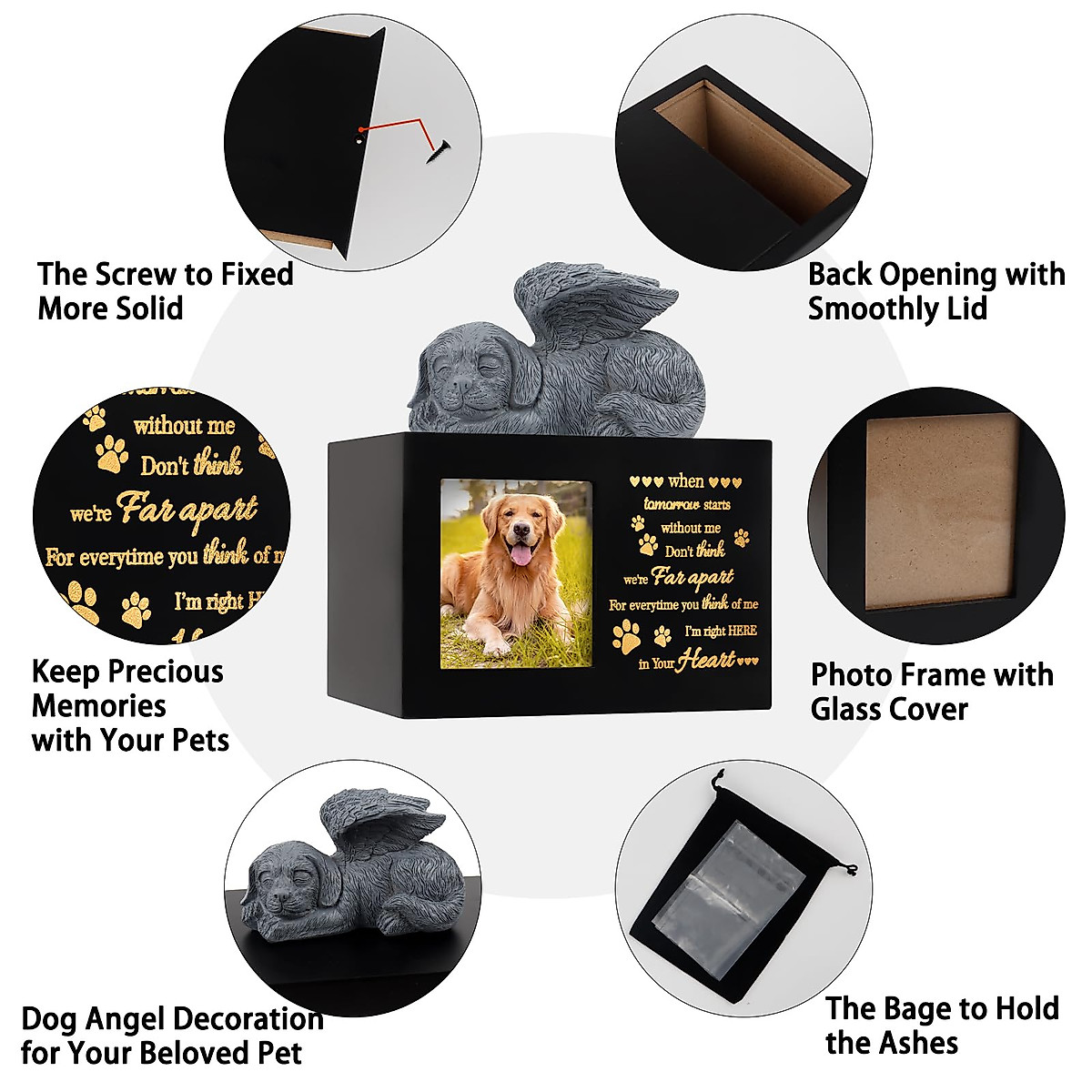 LPREUTWN Pet Urns for Ashes, Large Wooden Pet Urns for Dog or Cat Ashes with Dog Angel, Memorial Keepsake Memory Box with Photo Frame, Loss Pet Sympathy Remembrance Gift (Black)