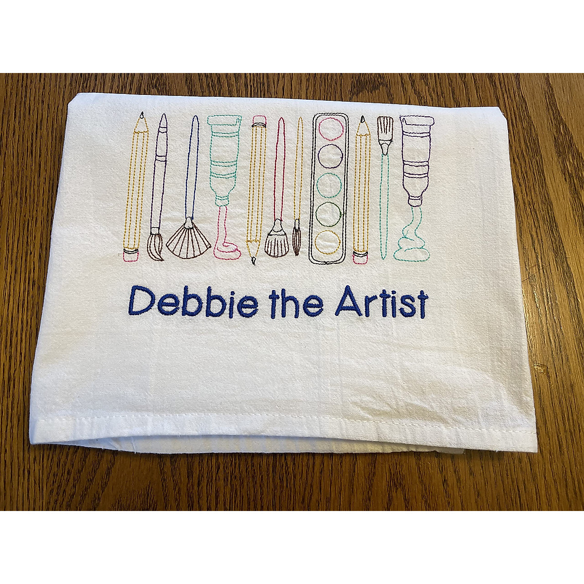 Personalized art utensils embroidered flour sack tea towel, dish towel, your choice of text and color