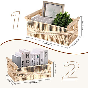 HNFNGSZL Wicker Storage Basket, Hand-Woven Baskets for Organizing, Recyclable Paper Rope Basket with Wood Handles, Decorative Basket Organizers for Makeup Books Shelves Living Room, Beige, Set of 2