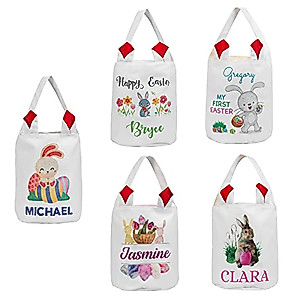 Customized Name Canvas Tote Bag Bunny Printed Easter Basket, Egg Hunt Easter Bags with Rabbit Ears for Kids Boys Girls First Easter Party Decorations Favors Gifts, Cute Easter Basket