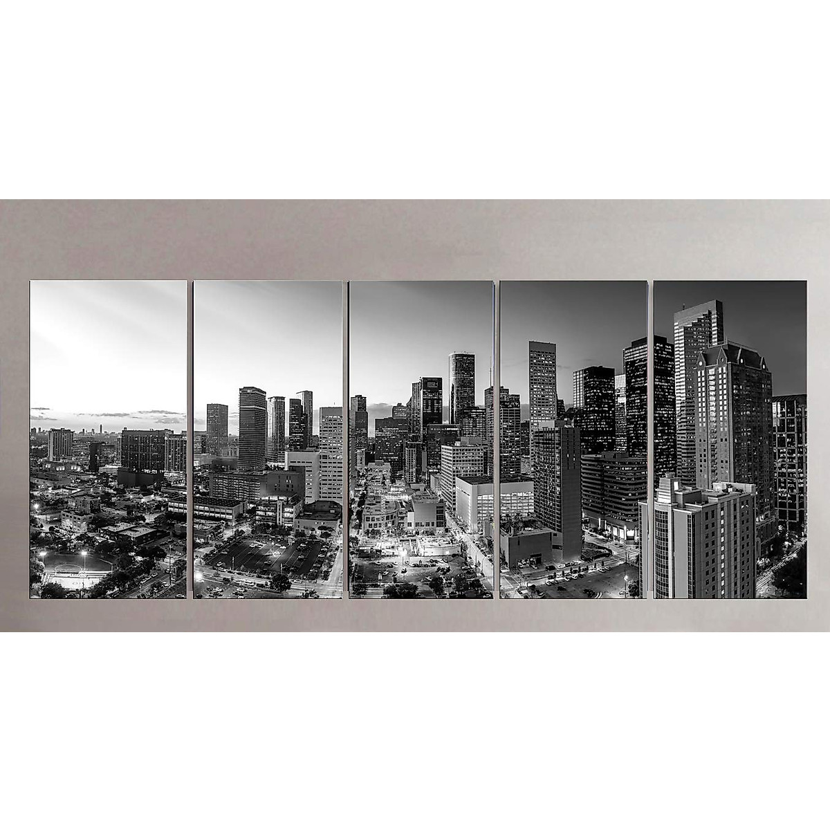 BoxColors - XLARGE 30"x 70" 5 Panels 30"x14" Ea Art Canvas Print Houston Texas skyline Black & white Wall Home decor (framed 1.5" depth)