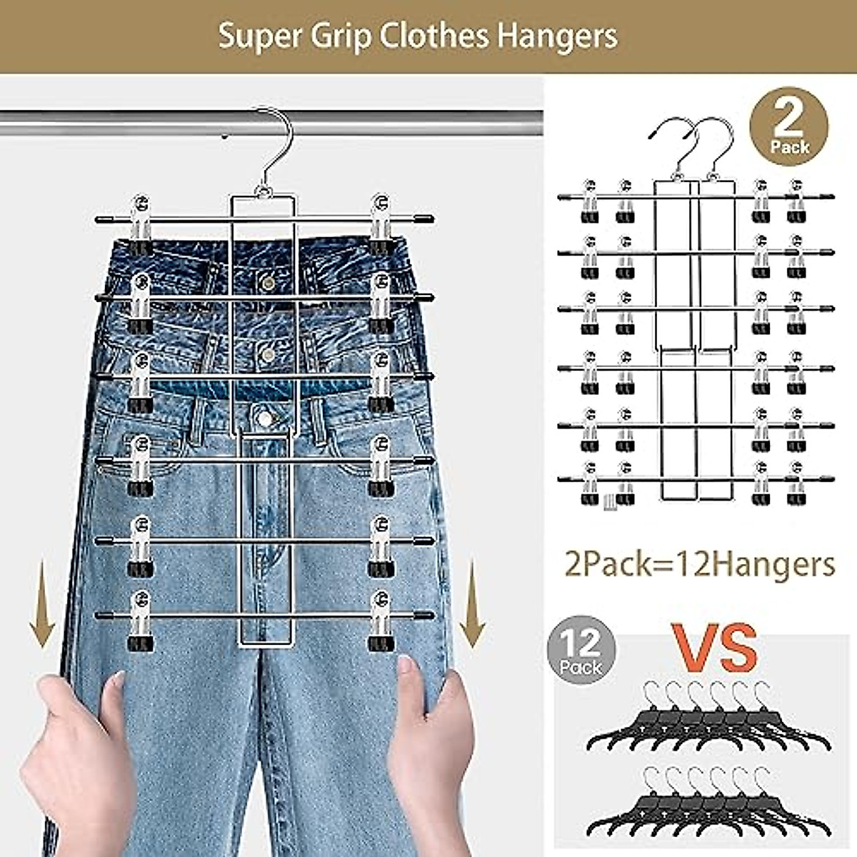 Pants Hangers -6 Tiers Closet Organizer Clothes Hanger,Skirt Hangers with 360° Swivel Hook -Space Saving Hangers with Clips - 2 Pack Pant Hangers