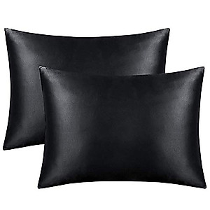 FLXXIE 2 Pack Zipped Satin Standard Pillowcases for Hair and Skin, Silky and Super Soft (20"x26") Zippered Satin Pillow Cases, Black, 20x26 Inches