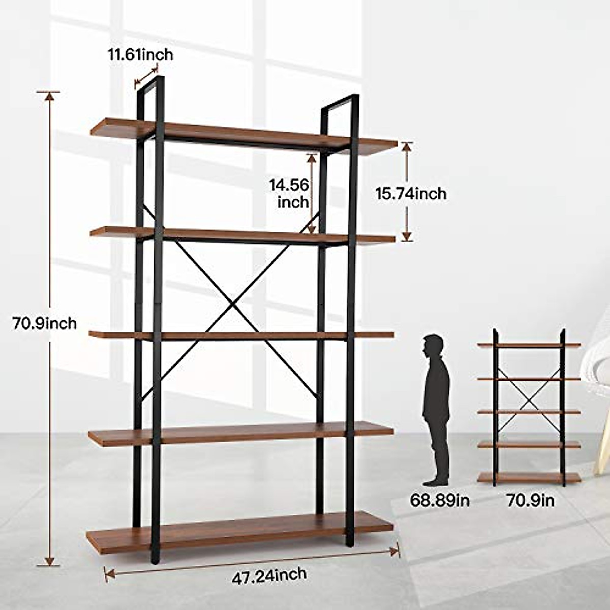 5 tier Industrial Bookshelf, 6 Foot Tall Solid Etagere Bookcase, 72 H x 12 W x 47D Inches, Free Standing Book Shelves for Living Room, Bedroom, Office, Black Metal Frame and Warm Rustic Brown Wood