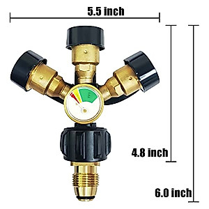 NQN Upgraded 3 Way Propane Splitter QCC/POL with Gauge and Shut-Off Valve, Propane Tank 3 Y Splitter Adapter, Propane LP Tank Fuel Tee Gauge Adapter Fitting 3 Way Propane Gas Splitter for Propane Tank