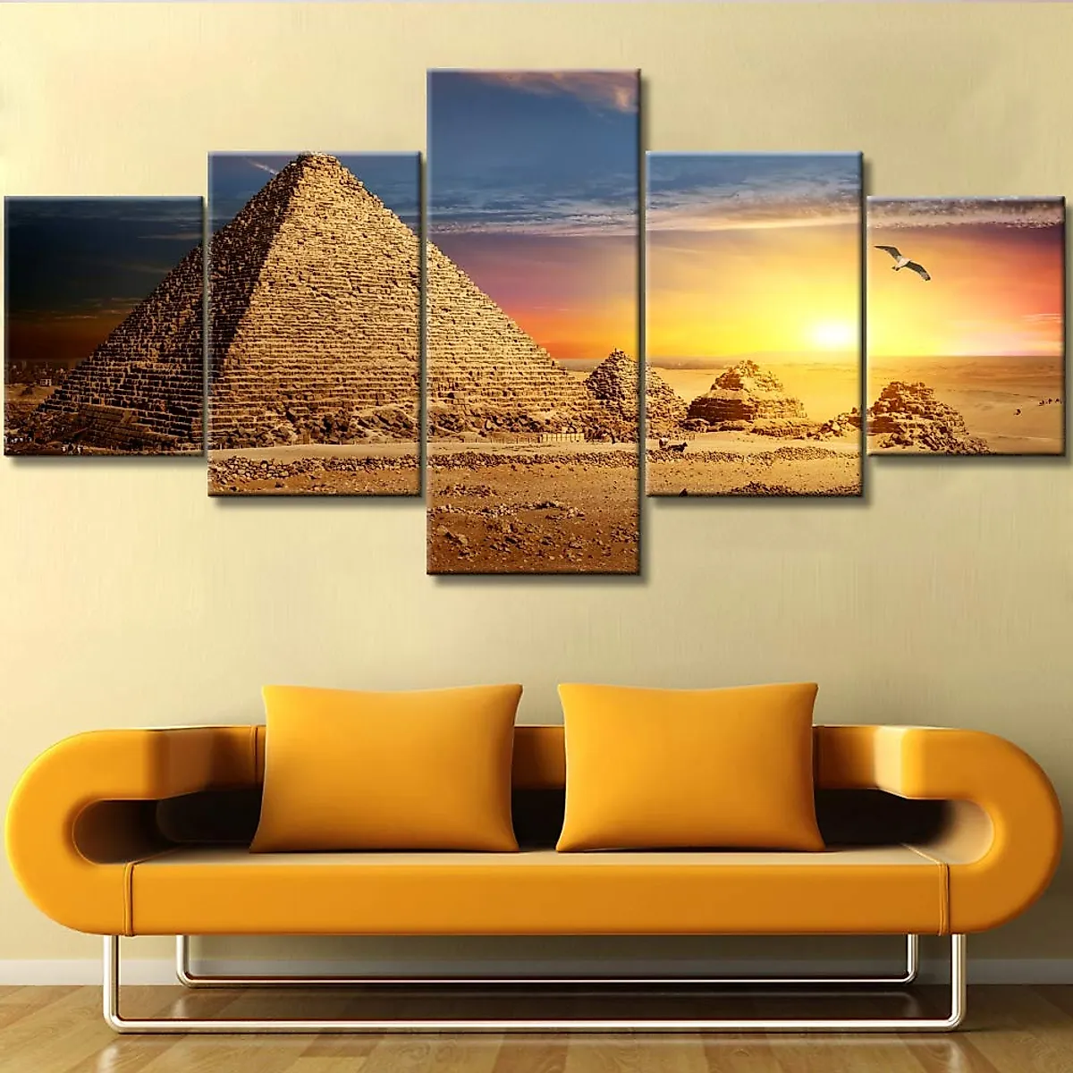 Canvas Wall Art Ancient Pyramids in Sand Pictures Sundow Yellow Scenery Artwork 5 Panel Prints Paintings for Living Room Giclee Modern Home Decor Wooden Framed Stretched Ready to Hang(50''Wx24''H)