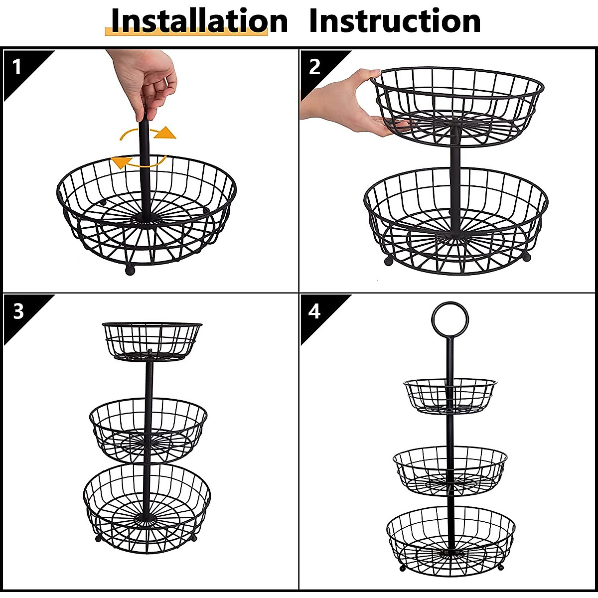 weharnar 3 Tier Fruit Basket for Kitchen, Detachable Fruit Holder, Black Fruit Stand, Wire Vegetable Basket, Large Capacity Fruit Bowl for Kitchen Counter, Kitchen & Home Decor