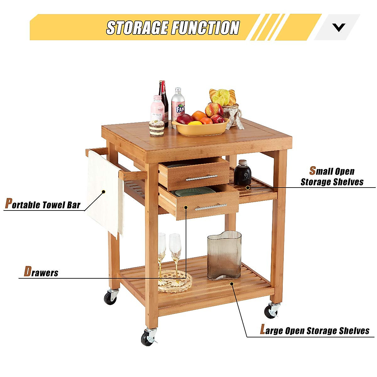 EROMMY Rolling Bamboo Wood Kitchen Island Cart, Multi-Purpose Kitchen Trolley Cart on Wheels, Rolling Kitchen Cart with Drawers, Open Storage Shelves, Towel Rack, Locking Casters