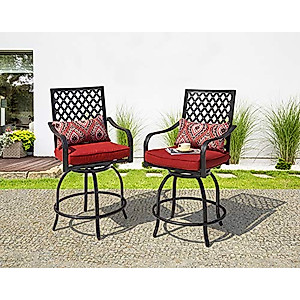 Nuu Garden 3 Piece Swivel Patio Bar Set, High Iron Outdoor Furniture Set Wide Outdoor Bar Stools, Bar Height Chairs with Seat Cushion and Armrest for Garden, Backyard, Patio and Poolside, Red