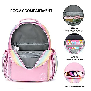 mibasies Girls Backpack for School, Kids Backpack School Bag for Elementary Age 5-8, Pink Blue Rainbow