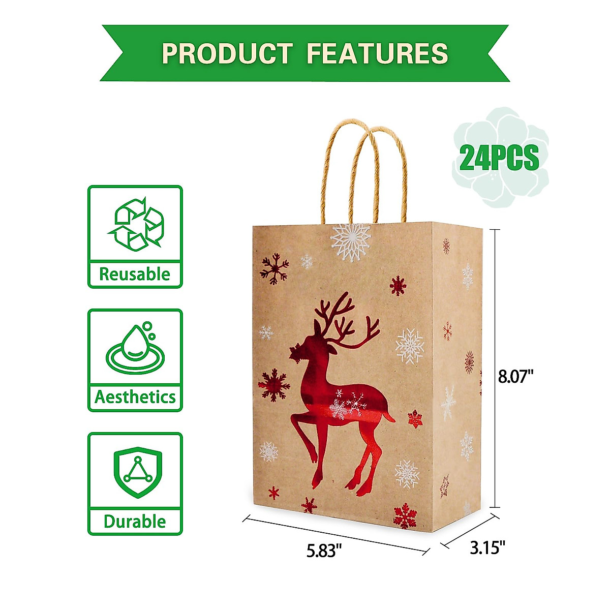 U-PTY 24PCS Christmas Paper Gift Bags with Handles for Holiday Treats and Party Supplies