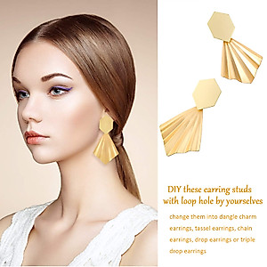 Hicarer 90 Pcs Gold Plated Earring Posts for Jewelry Making Earring Studs with Loop Hole Palm-Leaf Shaped Earring Finding Shell Heart Flower Track Ear Pad Base Posts for Women