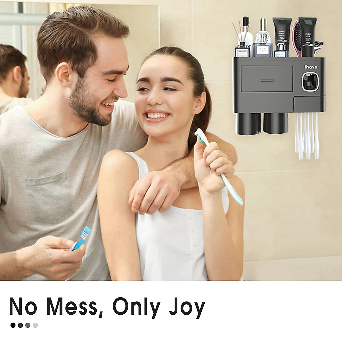 iHave Toothbrush Holder for Bathroom Storage, 2 Cups Toothbrush Holder Wall Mounted with Toothpaste Dispenser Bathroom Set, Large Capacity Tooth Brushing Holder Bathroom Organization and Storage