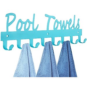 Pool Towel Rack for Bathroom Wall Mount Towel Hooks Towel Holder Carbon Steel Hanger Organizer Indoor Outdoor for Robe, Towel, Coat, Swimsuit, Umbrella, Bag, Keys(Blue)