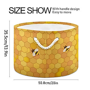 Large Round Storage Basket - Honey Bee Yellow Canvas Laundry Hamper Toy Storage Bin for Kid’s Living Room