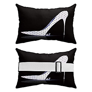 HilariousM High Heels Shoes Diamond Outdoor Pillows for Chaise Lounge Chair, White Black Waterproof Lumbar Head Support Pillow with Adjustable Elastic Band for Pool Patio Furniture Decorative