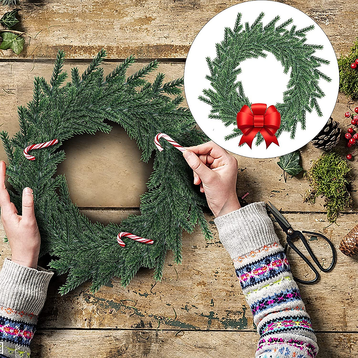 Alpurple 100 Packs Artificial Pine Needles Branches Garland-6.7x2.0 Inch Green Plants Pine Needles-Fake Greenery Pine Picks for Christmas Wedding Party Home Garden Fireplace Décor(100PCS)