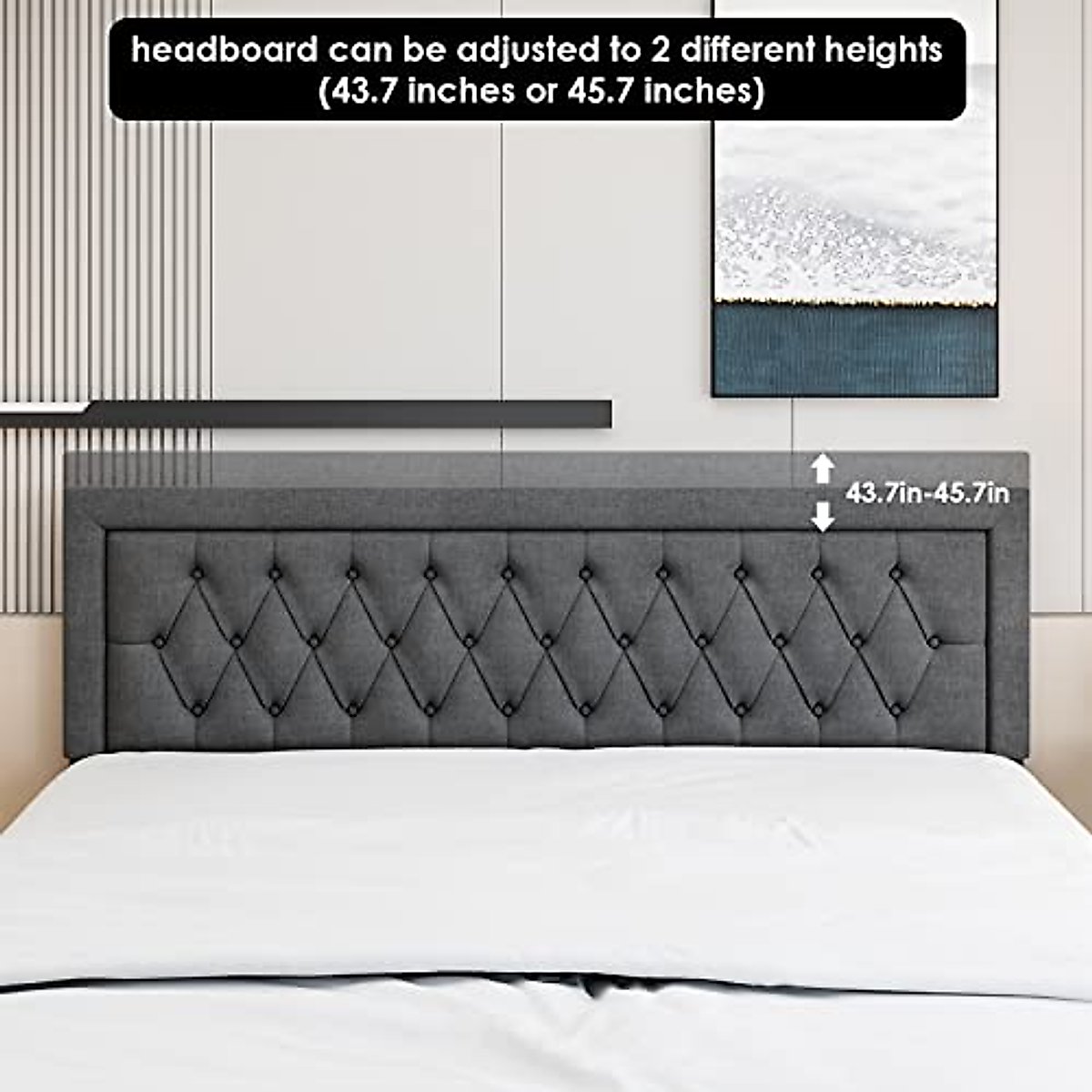 King Bed Frame with 2 Storage Drawers, Fabric Upholstered Platform Bed Frame with Deep-set Pattern Button Tufted Headboard, Sturdy Wood Slats Support Mattress Foundation, No Box Spring Needed, Grey