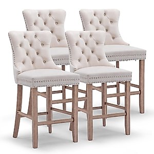 JETEAGO Bar Stools Set of 4, Velvet Upholstered Bar Stool for Kitchen Island, Counter Stools with Nailhead Trim, Beige