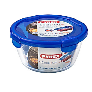 Pyrex Cook & Go Rectangular Glass Food Storage Container/Roaster with airtight and Leakproof 4 Clip Locking lid – Oven, Freezer and Microwave Safe - 20x9 cm - 1,60L