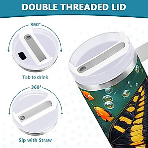 Slewiaeky Tumbler with Handle 40 oz Insect Butterfly Retro Travel Mug with Lid and Straw Ocean Stainless Steel Vacuum Insulated Water Bottle Cup for Iced Tea Coffee Cold Beverages Cup Holder Friendly