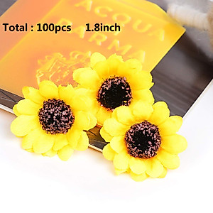 KINWELL 100pcs Mini Artificial Silk Yellow Sunflower Heads 1.8" Fabric Floral for Home Decoration Wedding Decor, Bride Holding Flowers,Garden Craft Art Decor