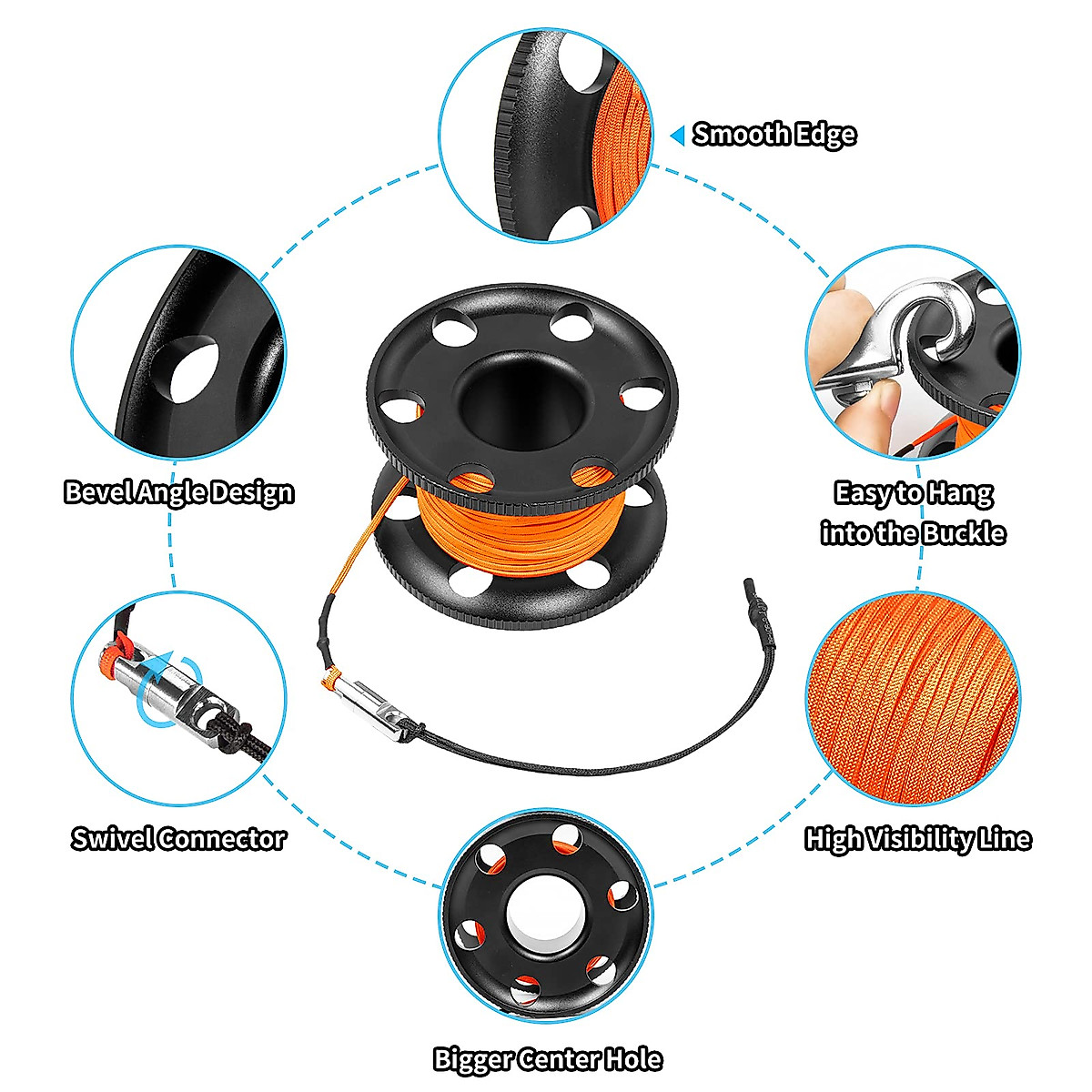 100FT Scuba Diving Reel, Aluminum Alloy Large Scuba Spool Finger Reel with Double-Ended Bolt Snap Clip for Underwater Scuba Diving Snorkeling Spearfishing (Orange Line Black Reel)