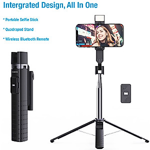 Fugetek 40'' Quadrapod Lighted Selfie Stick Stand, Lightweight 7oz, Wireless Bluetooth Remote, Patented Ultra Stable 4 Legs, 3 Onboard Light Modes, Compatible with iPhone & Android (Black)