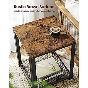 VASAGLE Side Table, 2-Tier Nightstand, End Table with Mesh Shelf, Steel Frame, Adjustable Feet, for Living Room, Bedroom, Industrial Style, Rustic Brown and Black ULET41X
