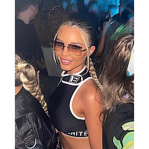 Rectangle Sunglasses for Men/Women Small Rimless Square Shade Eyewear (Tea + White + Black)…