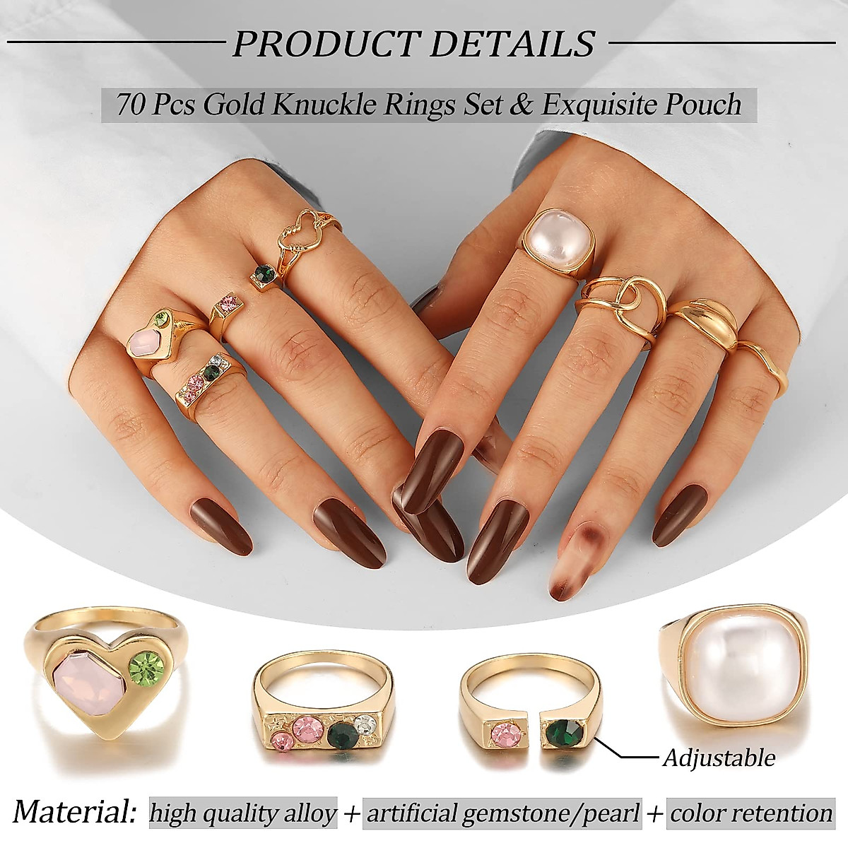 Dodder 70 Pcs Vintage Gold Knuckle Rings Set for Women, Boho Crystal Finger Rings Aesthetic Heart Chunky Ring, Silver Stackable Midi Rings Pack for Gift