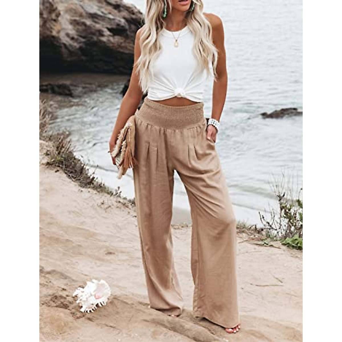 Hooever Women's Summer Linen Pants High Waisted Wide Leg Palazzo Pant Flowy Lounge Trousers (Khaki-S)
