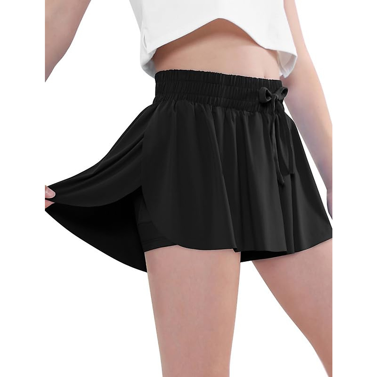 3 Pack Girls Flowy Butterfly Shorts Athletic 2 in 1 Running Skirt Shorts Preppy Cheer Gymnastics Flow Kids Clothes Black White Pink 8Y