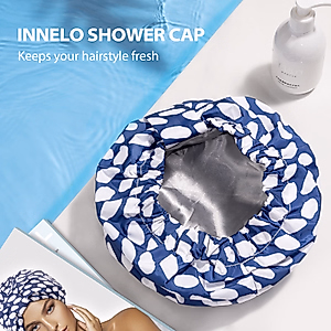 INNELO Luxury Shower Cap for Women Reusable Waterproof, Double Layered Shower Hair Cap with Adjustable Elastic Strap, Large Satin Lined Shower Bath Cap for Long Curly Straight Hair, Blue