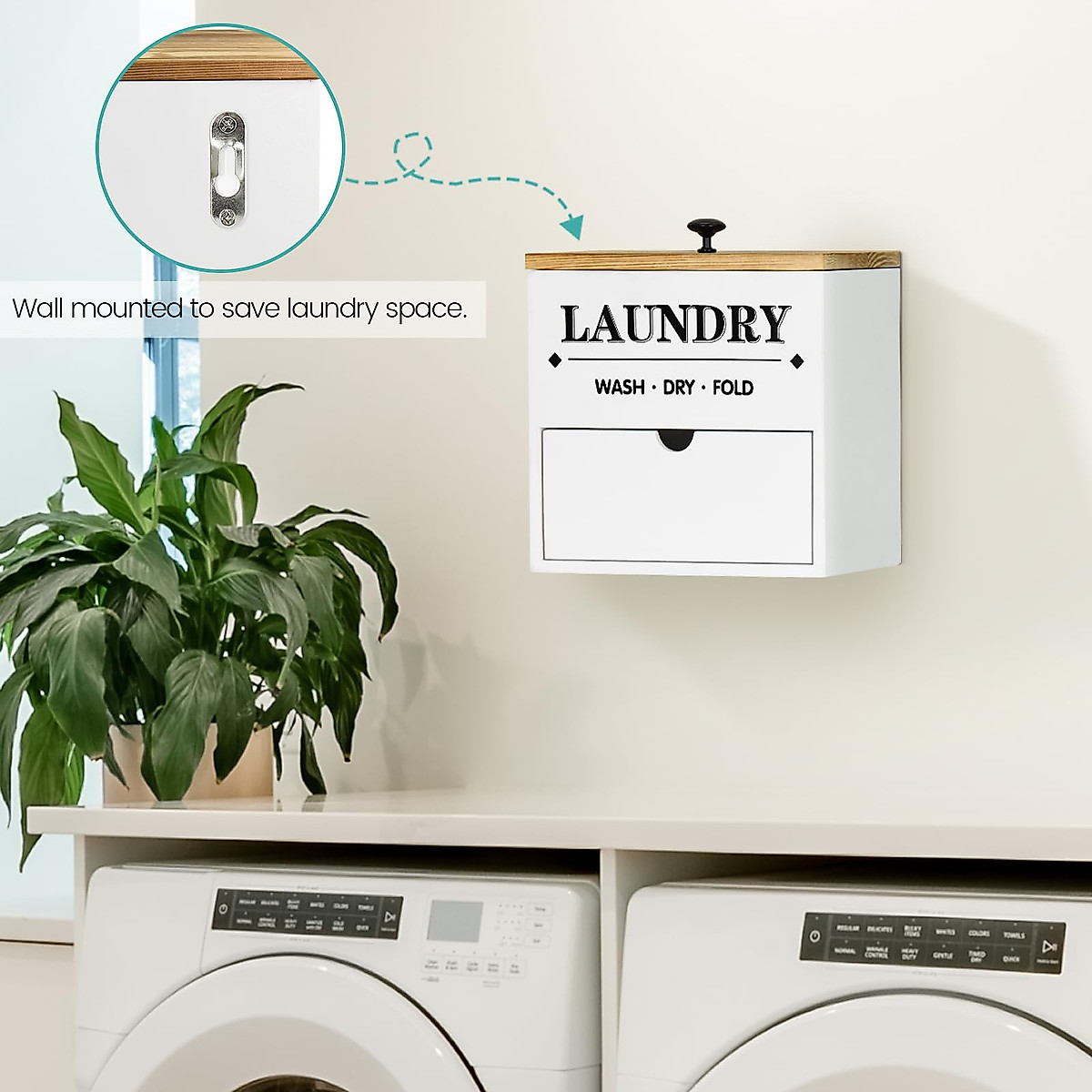 Dryer Sheet Holder with Drawer and Lid, Wood Dryer Sheet Dispenser and Laundry Pods Container for Laundry Room Organization and Storage, Laundry Pod Holder Wall Mount for Laundry Room Decor (White)