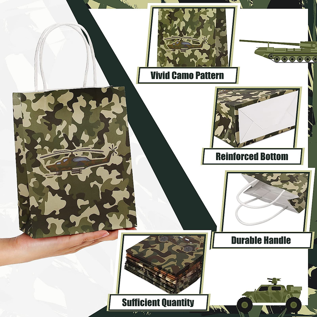 24 Pack Camo Gift Bags Camouflage Birthday Party Favor Bags Goodie Bags Camouflage Themed Treat Candy Bags for Kids Boys Girls Baby Shower Birthday Party Supplies Favors (Classic Style)