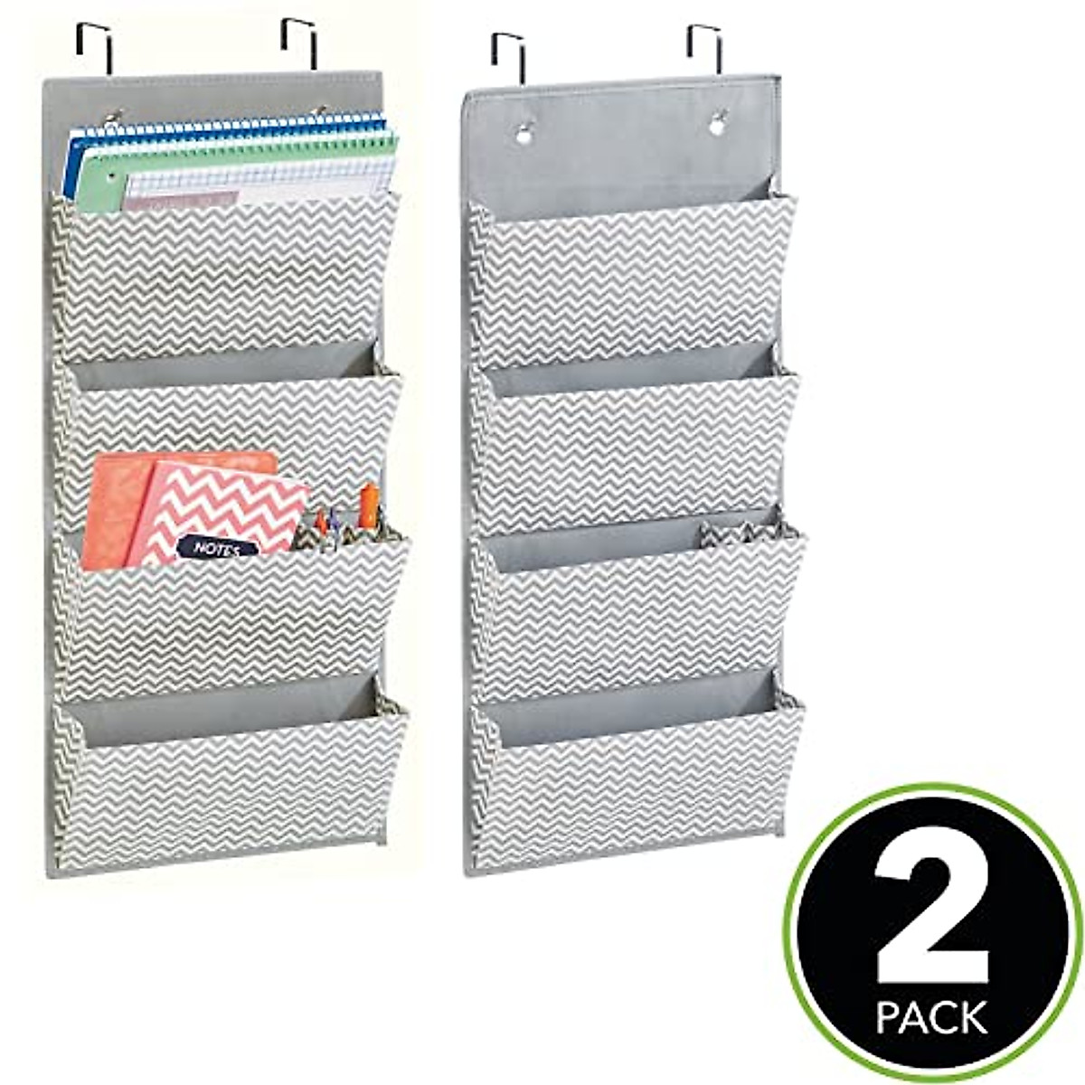 mDesign Soft Fabric Wall Mount/Over Door Hanging Storage Organizer - 4 Large Cascading Pockets - Holds Office Supplies, Planners, File Folders, Notebooks - Chevron Zig-Zag Print, 2 Pack - Gray/Cream