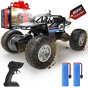 DEERC DE45 1:14 Remote Control Truck, RC Car Toy Rock Crawler, 4WD Off Road Monster Truck with Metal Shell Dual Motors LED Headlight 90 Min Play