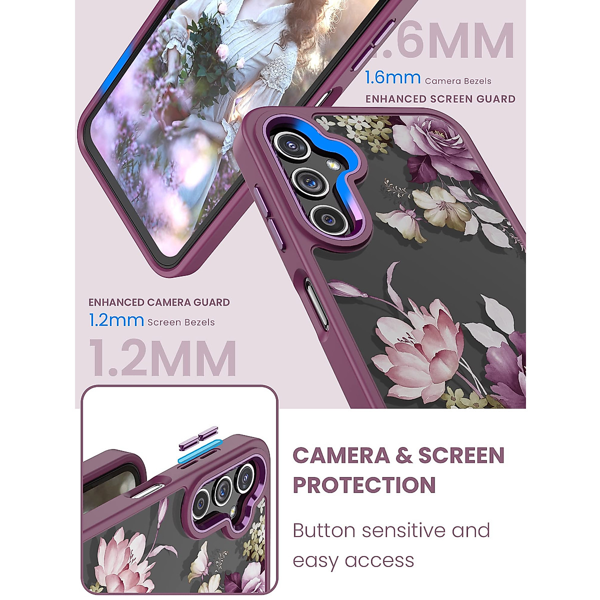 DagoRoo for Samsung Galaxy A14 5G Case with Tempered Glass Screen Protector [2 Pack],[Military Grade Protective] Slim Soft TPU & Hard PC,Girls Women Crystal Clear Flower Pattern Cases (JD-Purple)
