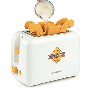 Nostalgia Vertical Waffle Maker, Bakes Two Fresh Batter Waffles at a Time in a Toaster, Removable Dishwasher Safe Silicone Molds, Extra Wide Slots, Adjustable Doneness Dial, Ivory, VWT2IVY