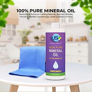 US+ 32oz 100% Pure Mineral Oil - Cutting Board Oil - Food-Grade - USP - Restores & Protects Cutting Boards, Butcher Blocks, Countertops, Steel Surfaces & More