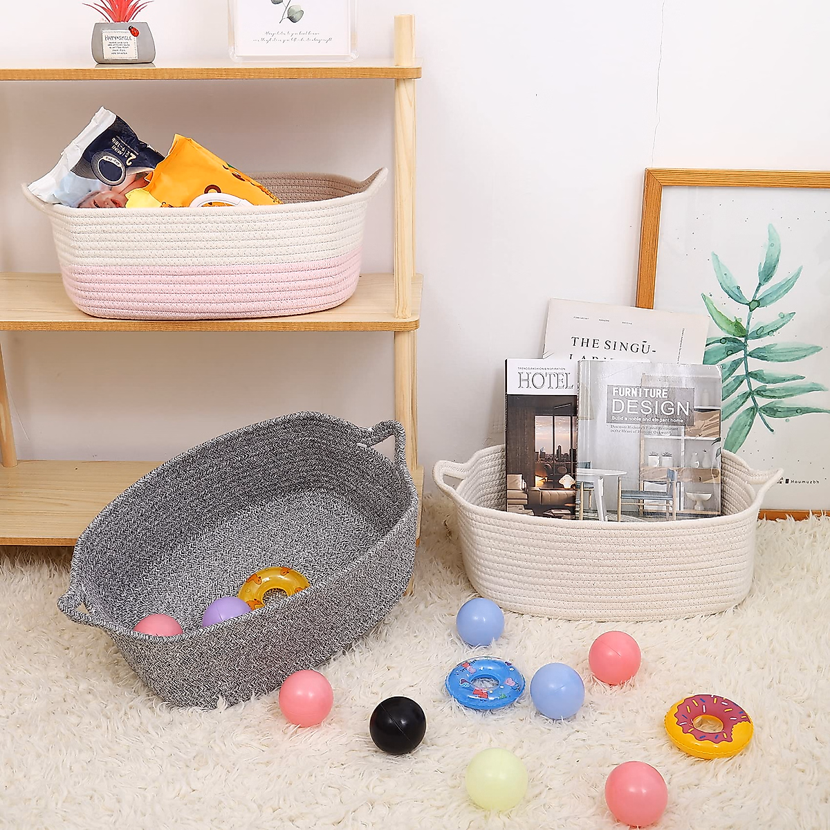 ABenkle Rope Storage Basket, 14.2''x 11''x 5.1'' Cotton Woven Dog Cat Toy Bins, Cube Soft Baskets with Handles, Decorative Shelves Closet Organizing for Nursery Laundry Bedroom Bathroom - Grey