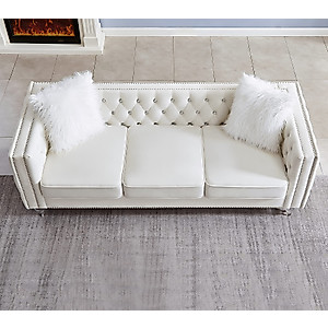 mikibama Velvet Sofa Couch 83 Inch Long Modern Sofa with Acrylic Legs and 2 Pillows, Jeweled Buttons Tufted Couch Modern Decor Furniture for Living Room, Bedroom (Beige)